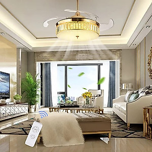 MORE CHANGE Crystal Ceiling Fan with 4 Retractable Blade, Chandelier Ceiling Fan with Lights and Remote, Chandelier ceiling fan for Living Room/Bedroom (36 inch Rose Gold)