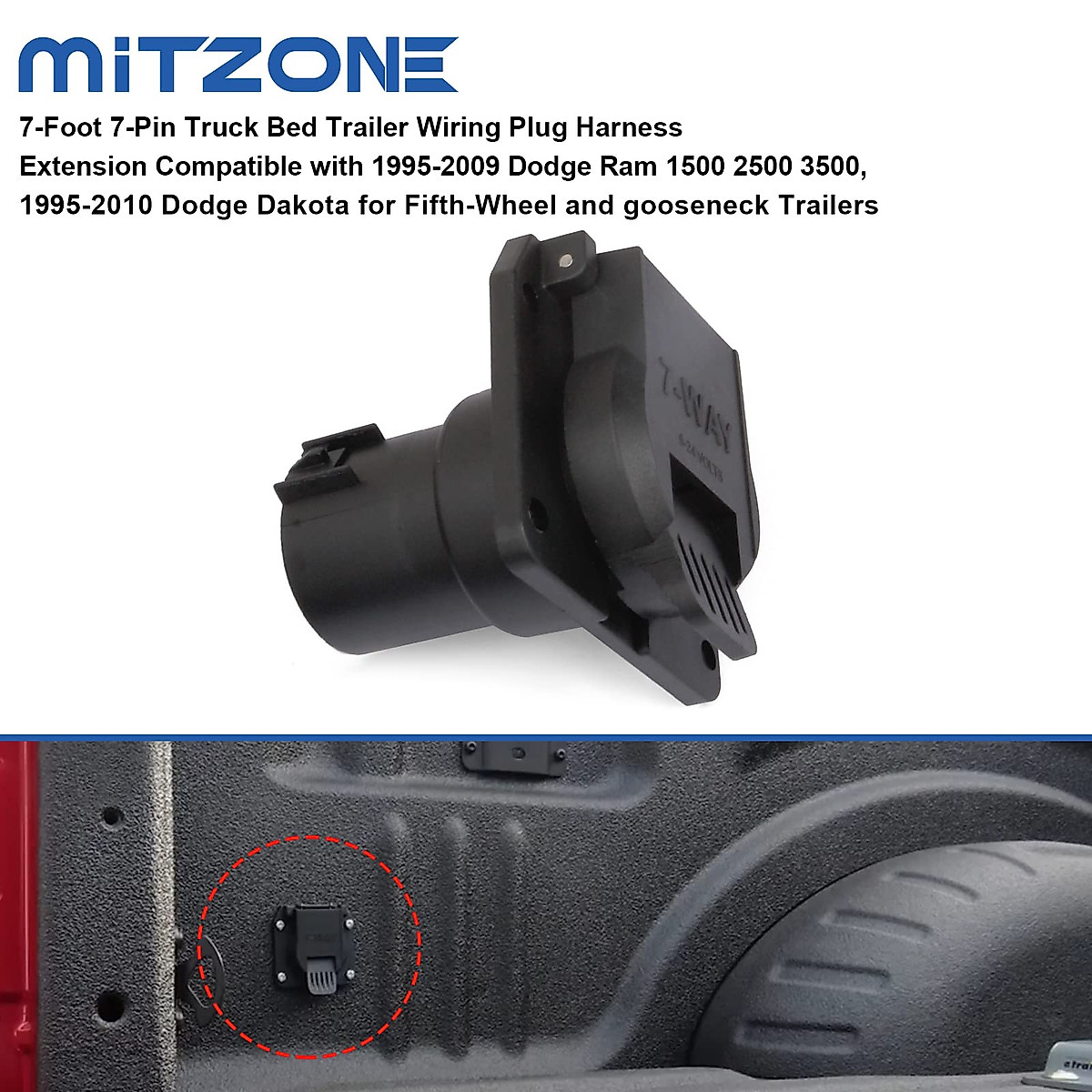 MITZONE 7-Foot 7-Pin Truck Bed Trailer Wiring Plug Harness Extension Compatible with 1995-2009 Dodge Ram 1500 2500 3500, 1995-2010 Dodge Dakota for Fifth-Wheel and gooseneck Trailers