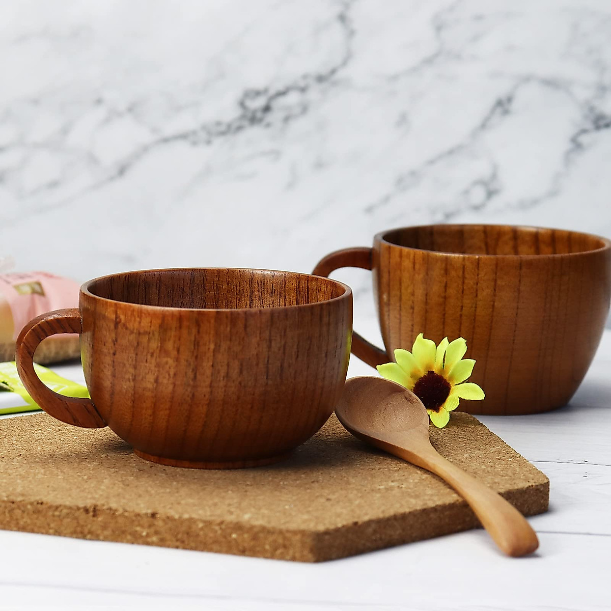 Buqoo Wooden Tea Cups, Coffee Mug Tea Cup Wood Drinking Cup Wine Mug Vintage Teacup Wooden Mug with Handle for Tea Milk Beer Water Juice (200 ML)