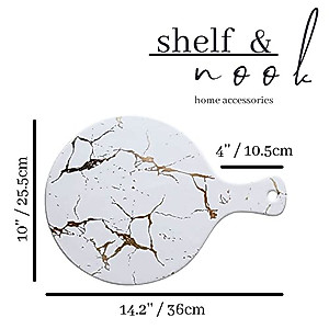 Round marble ceramic cutting board. Marble trivet in white or black with gold veins and leather chord. Cheese serving tray slab to display with kitchen accessories. Vanity tray for countertop. (White)