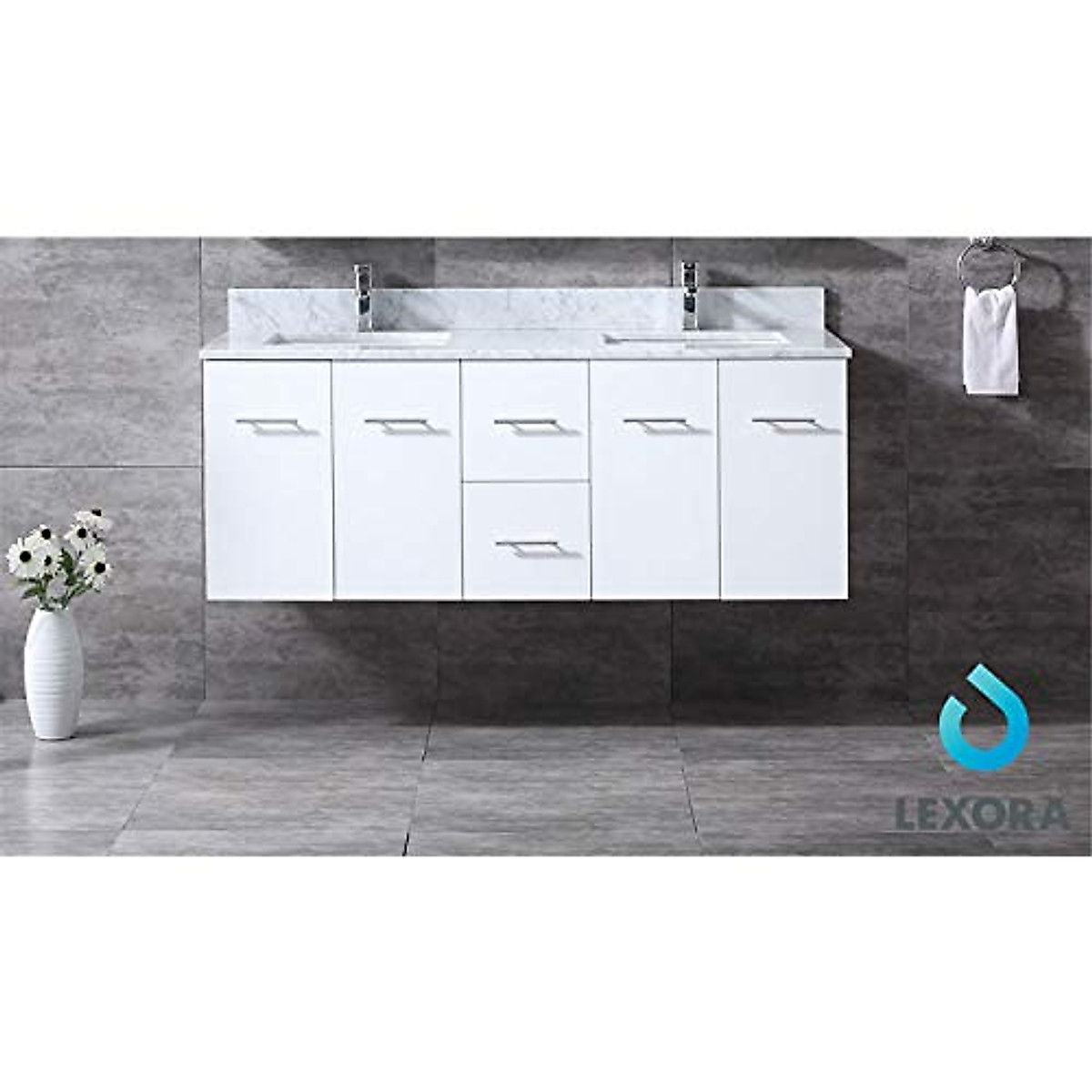 Lexora Geneva 60 in. W x 22 in. D Glossy White Double Bath Vanity, Carrara Marble Top and 60 in. LED Mirror