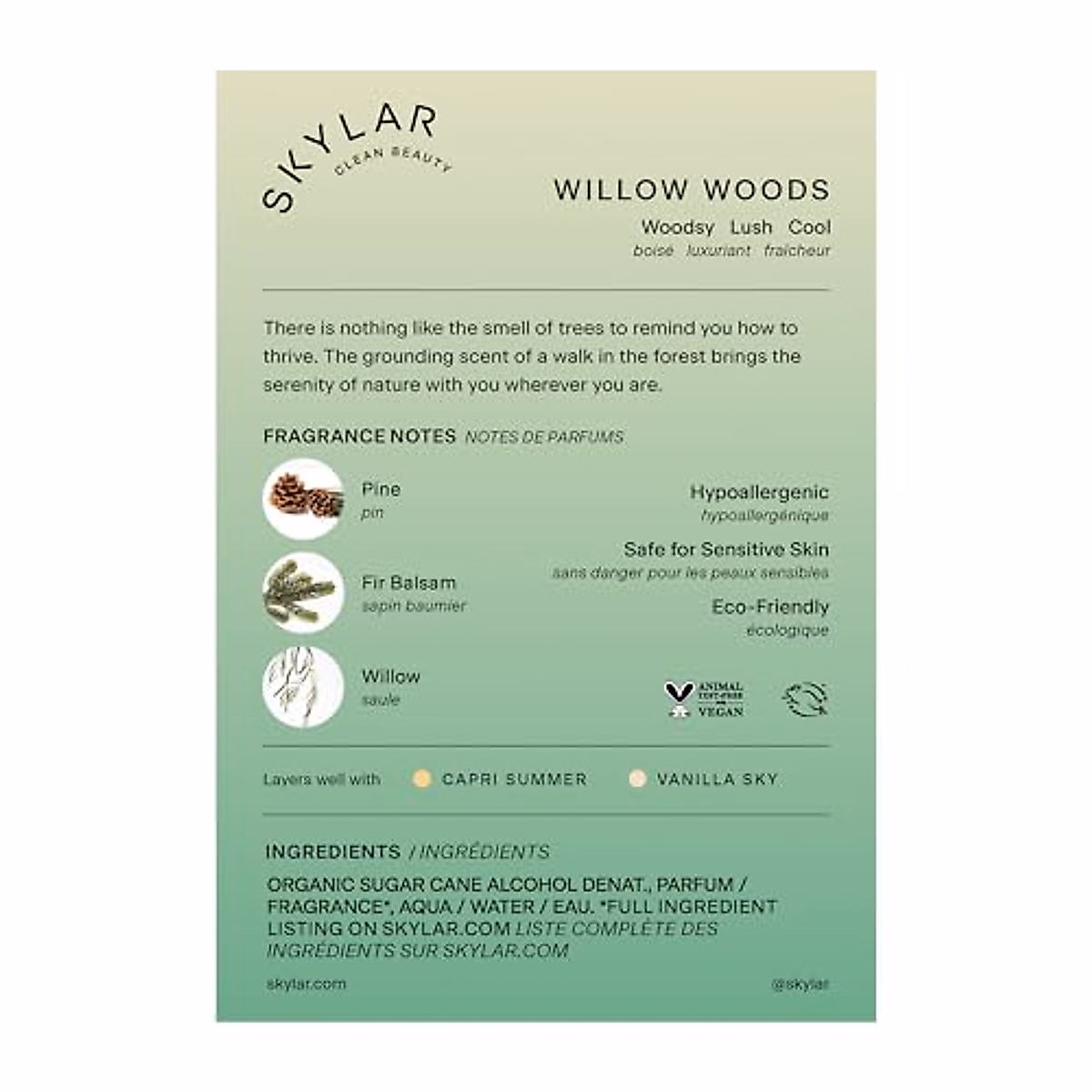 Skylar Willow Woods Eau de Parfum - Hypoallergenic & Clean Perfume for Women & Men, Vegan & Safe for Sensitive Skin - Woody Perfume with Notes of Pine, Fir Balsam & Willow - 50mL /1.7 Fl oz