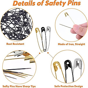 600 Pcs Safety Pins Assorted, 4 Sizes Large and Small Safety Pins for Clothes,Black Gold Silver Safety Pins Rust Resistant for Art,Crafts, Sewing and Jewelry Making