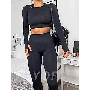 YOFIT Exercise Outfits for Women 2 Pieces Seamless Yoga Outfits Gym Crop Top and Leggings Set Black Tracksuits 2 Piece
