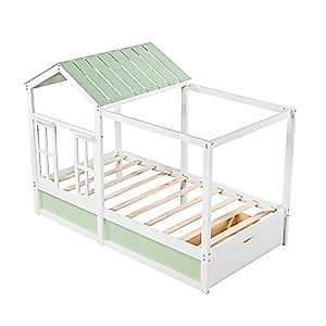 Merax Kid Wood House Bed with Roof, Window and Drawer, Wood Platform Bed for Boys Girls,No Box Spring Needed,Easy Assemble (Twin,Green)