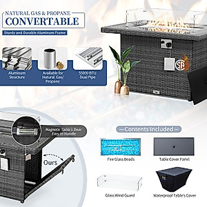 NICESOUL® Large 9 Piece Outdoor Patio Furniture Set with Fire Pit Table,29.3'' High Back Rattan Modular Sectional Sofa Set with Natural Gas/Propane Firepit Navy,2 Colors Cushions