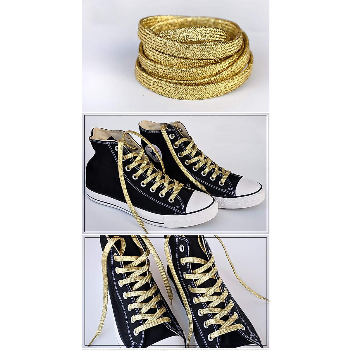 Santimon Metallic Glitter Flat shoelaces Colorful Fashion 2 pairs for Canvas Sneaker Athletic Shoes Light Gold 51"