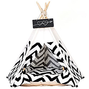Pet Teepee Tent for Dogs Puppy Cat Bed White Canvas Dog Cute House Pet Teepee with Cushion 24inch Indoor Outdoor (White&Black)