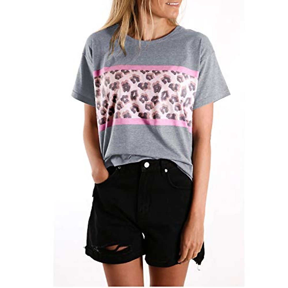 Bravetoshop Women Summer T Shirts Short Sleeve Crewneck Basic Tees Leopard Patchwork Casual Blouse Tops (Gray,S)