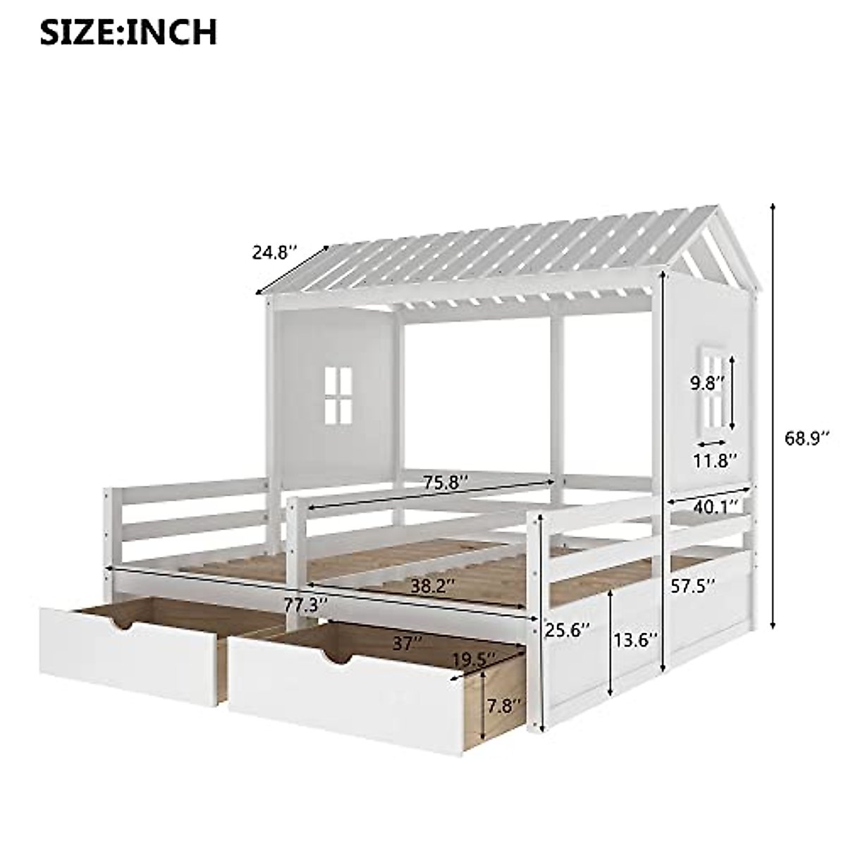 Merax Two Twin Size House Platform Beds with Large Drawers, Space Saving, No Box Spring Needed, White