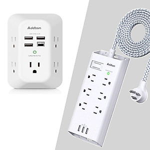 USB Wall Charger, Surge Protector, 5 Outlet Extender with 4 USB Charging Ports (1 USB C Outlet, 4.5A Total) and Power Strip Surge Protector, Addtam 6 Outlets and 3 USB Ports 5Ft Long Extension Cord