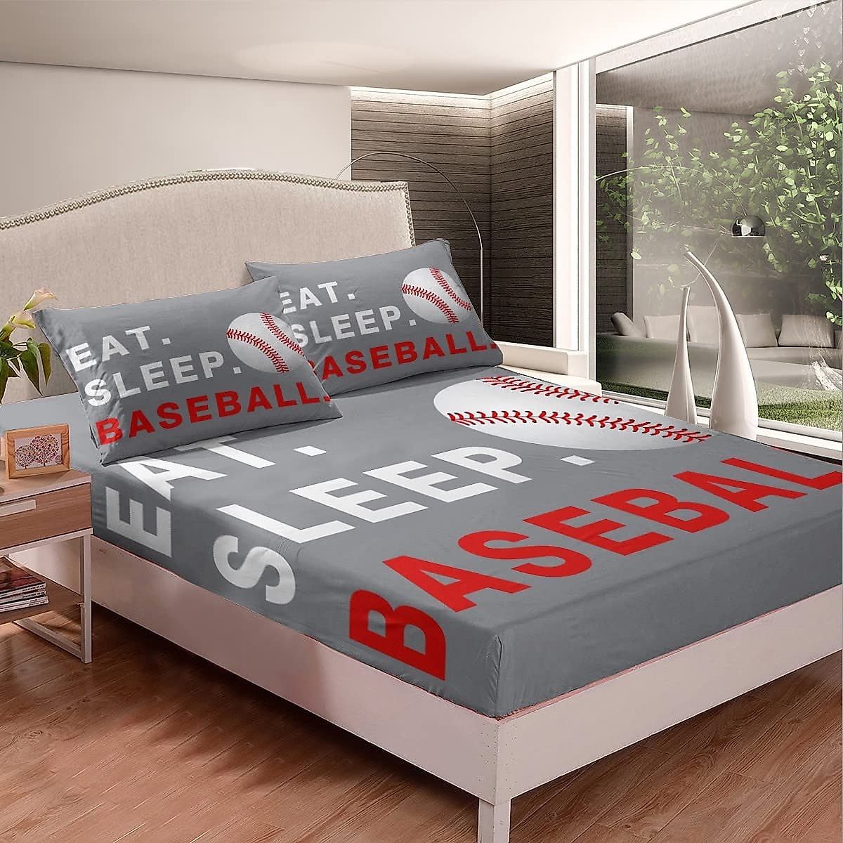 Baseball Bed Sheet Set Boys Ball Sports Theme Sheets Set Full Size for Kids Teens Ultra Soft Baseball Games Lover Sheets with Deep Pocket Fitted Sheet Gray Bed Set Room Decor