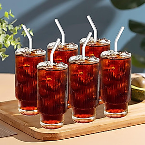 POYDORA 16 OZ Glass Cups with Lids and Straws, Vintage Ribbed Coffee Cups Drinking Glasses, Beer Glasses, Iced Coffee Glasses, Cute Tumbler Cup, Ideal for Whiskey,Cocktail,Wine (2 Pack)