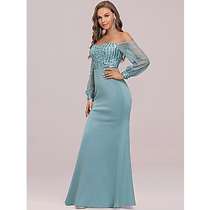 Ever-Pretty Women's See-Through Sequin Dress Mermaid Evening Dress with Sleeve Blue US20