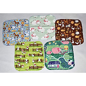2 Ply Printed Flannel 8x8 Inches Set of 5 Little Wipes Farm Life