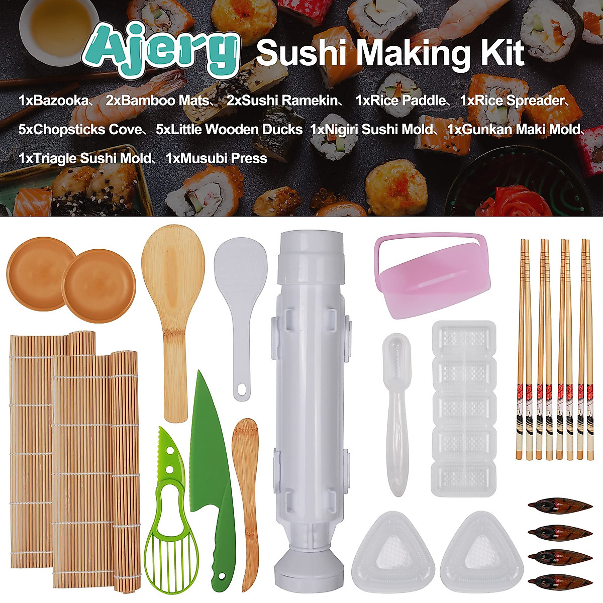 Ajerg Sushi Making Kit - DIY Sushi Roller Mold Maker Kit, Sushi Kit with Bamboo Sushi Rolling Mat, Sushi Bazooka Kit, Rice Mold