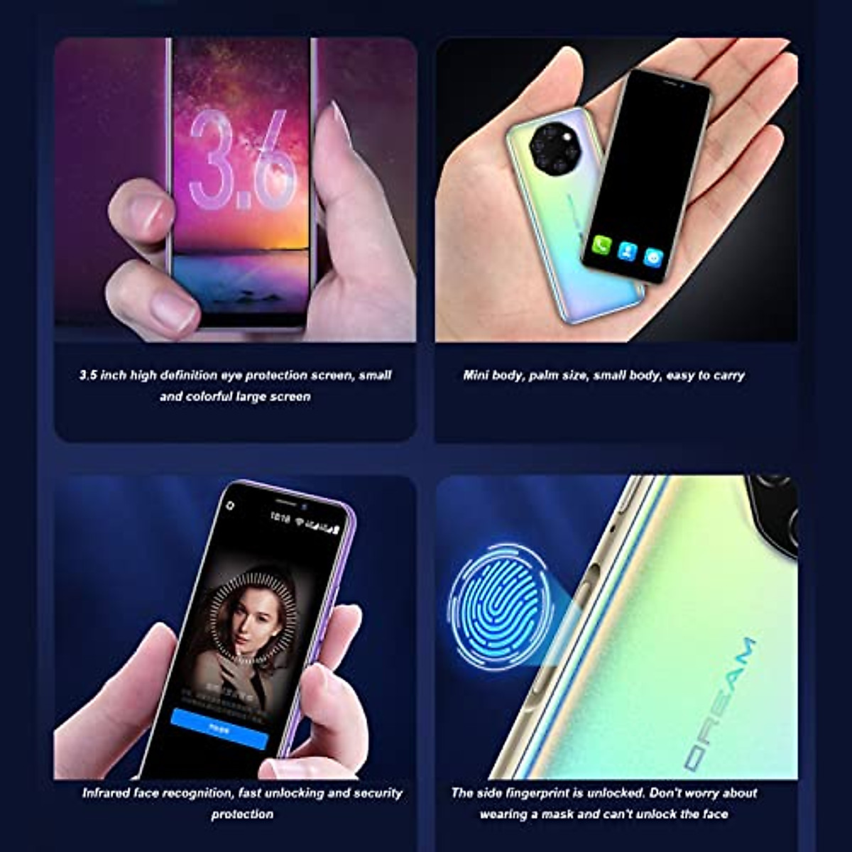 Yunseity Mini Unlocked Smartphone, Soyes S10I Facial Fingerprint Unlock Cellphone, Front 8MP Rear 13MP, Supports Dual Sim Cards, Lasting Battery, for Students Elderly (Black)