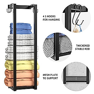 YEMUNY Towel Rack Wall Mounted, Bathroom Towel Holder with Mesh Shelf and 4 Hooks, Metal Towel Storage Organizer Wall can Holds up to 7 Large Size (54 x27 Inch) Rolled Towels, Black