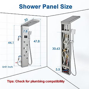 OUGOO Shower Panel System with LED Lights Rainfall Mist Shower, Body Jets, Handheld and Tub Spout, Shower Tower Column with Temp Display No Battery Needed, 304 Stainless Steel Brushed