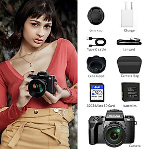 Saneen Digital Camera, 4k Cameras for Photography & Video, 64MP WiFi Touch Screen Vlogging Camera for YouTube with Flash, 32GB SD Card, Lens Hood, 3000mAH Battery, Front and Rear Cameras - Black