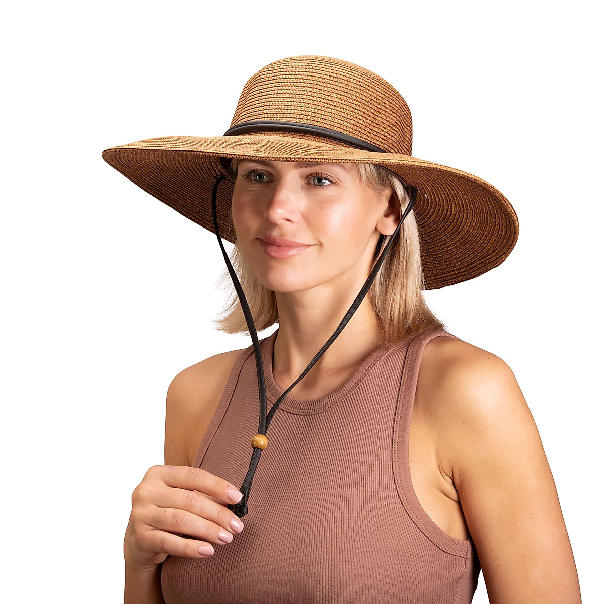 Sloggers Women's Wide Brim Braided Sun Hat with Wind Lanyard - UPF 50+ Maximum Sun Protection Dark Brown