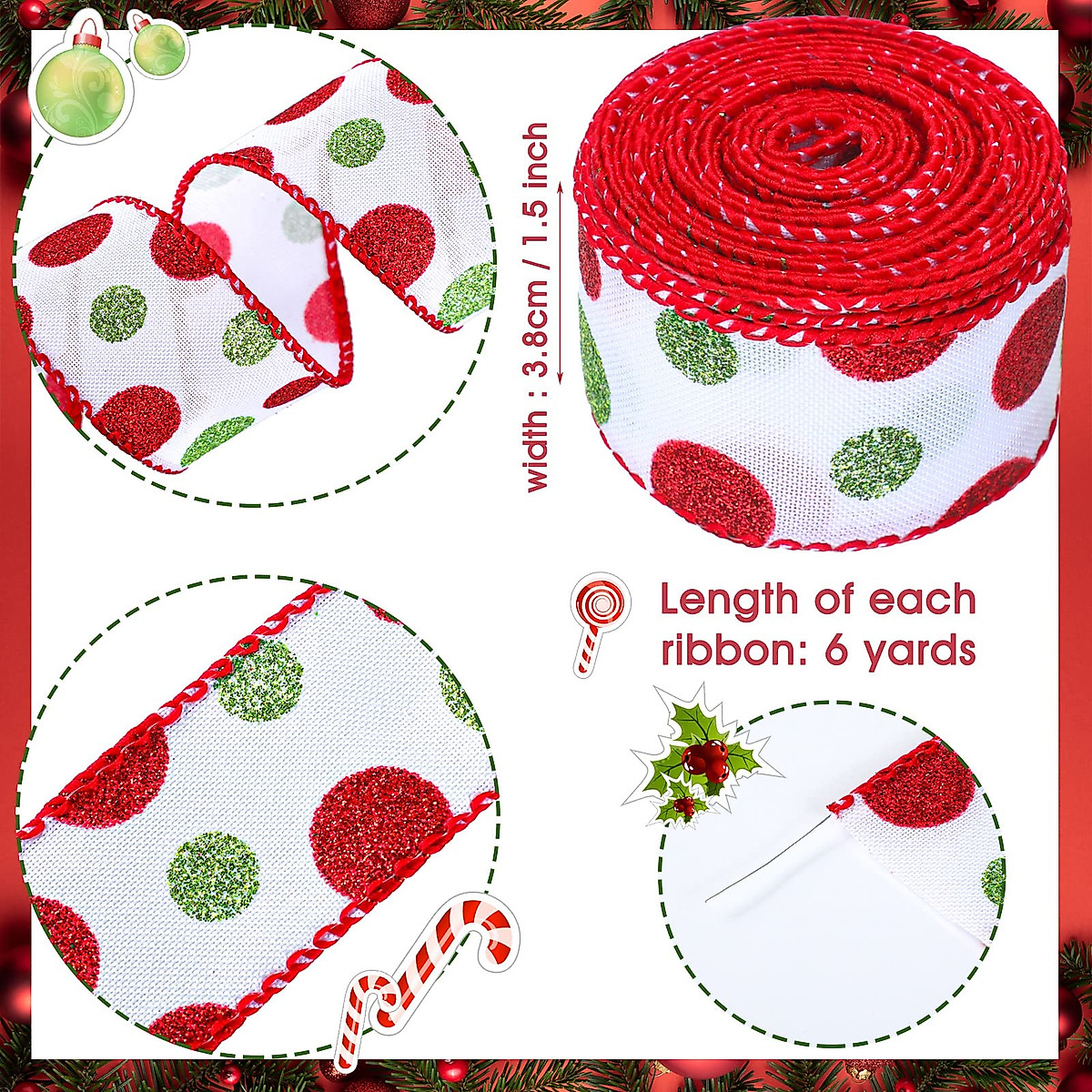 Tatuo 2 Rolls Christmas Glitter Wired Ribbon Christmas Tree Burlap Ribbon Green Red Polka Dot Ribbon Sparkly Xmas Tree Decoration DIY Bows Wreath(1.5 Inch x 6 Yard Per Roll,White Base)