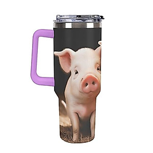 LLUTSNTH 40 Oz Vacuum Tumbler with Violet Handle Leakproof Insulated Tumbler Cute Pigs Stainless Steel Travel Mug with Lid And Straw Coffee Cup Cute Water Bottles Cup Holder Friendly