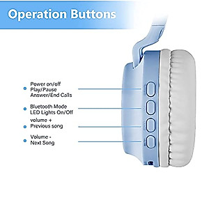 YCDTMY Cat Ear Headphone,Kids Wireless Headphones, Cat Ear LED Light Up Foldable Headphones Over Ear with Microphone, Stereo Sound, FM Radio,TF Card, Headset for Phones/Pad/Smartphones/Laptop (Blue)