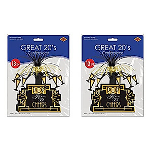 Beistle 2 Piece Roaring 20' Table Centerpiece Decoration 1920’s Champagne Pop Gatsby Theme Party Supplies, 13", Black/Gold/White