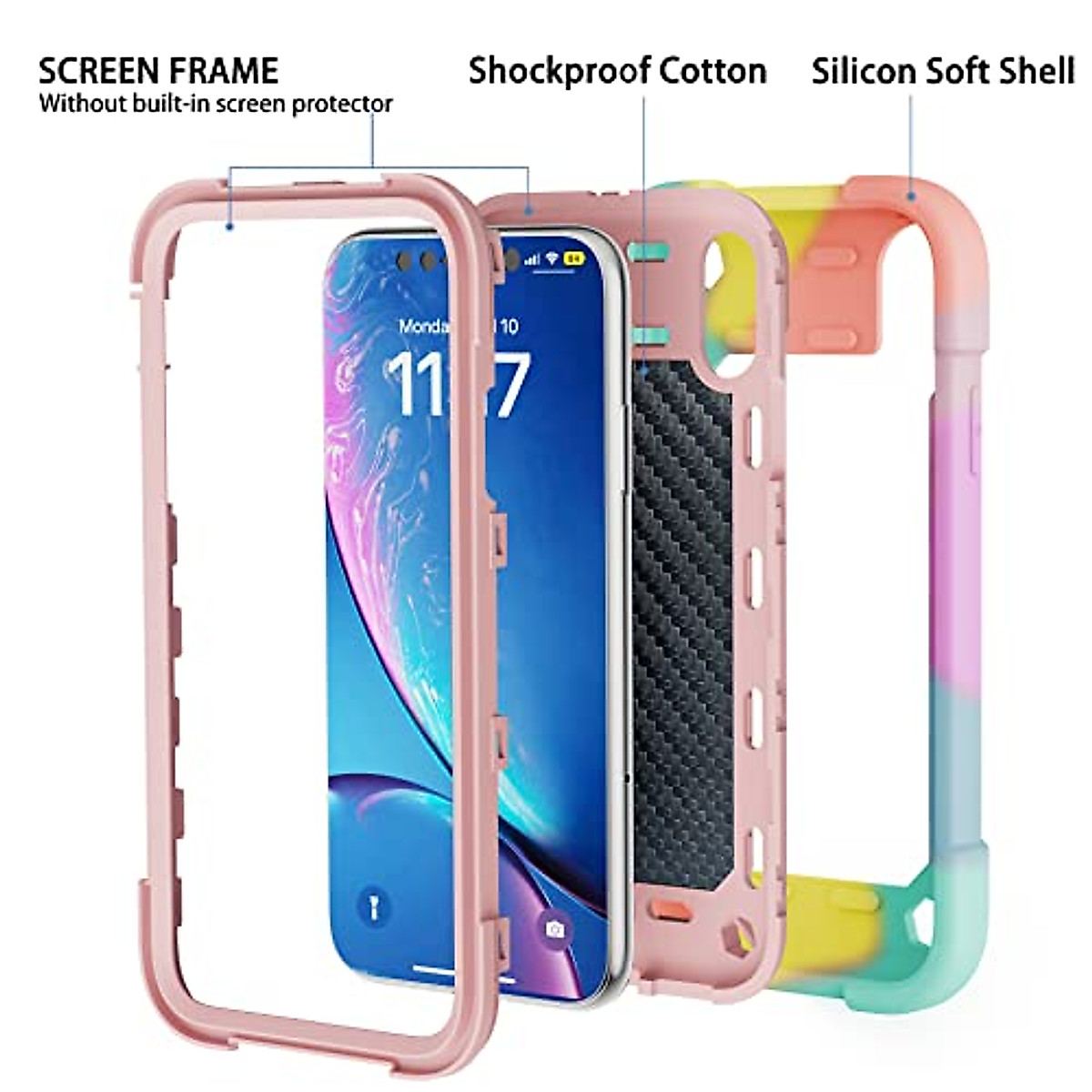 MARKILL Compatible with iPhone XR Case 6.1 Inch with Ring Stand, Heavy-Duty Military Grade Shockproof Phone Cover with Magnetic Car Mount for iPhone XR 6.1. (Rainbow Pink)