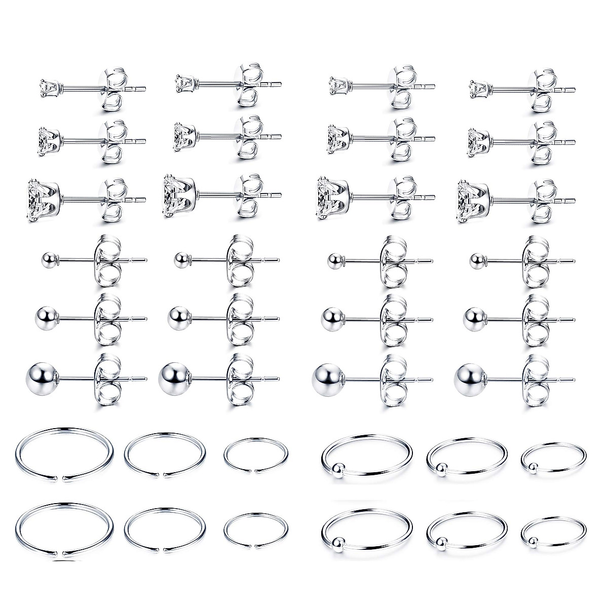 MILACOLATO 18 Pairs Small Tiny Stud Hoop Earrings for Women 14K White Good Plated Stainless Steel Earrings Set for Multiple Piercing Hypoallergenic CZ Ball Studs Endless Cartilage Hoops Earrings