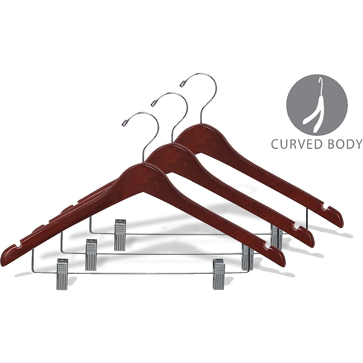 The Great American Hanger Company Wood Curved Combo Hanger w/Adjustable Cushion Clips, Box of 100 17 Inch Wooden Hangers w/Walnut Finish & Chrome Swivel Hook & Notches for Shirt Jacket or Dress