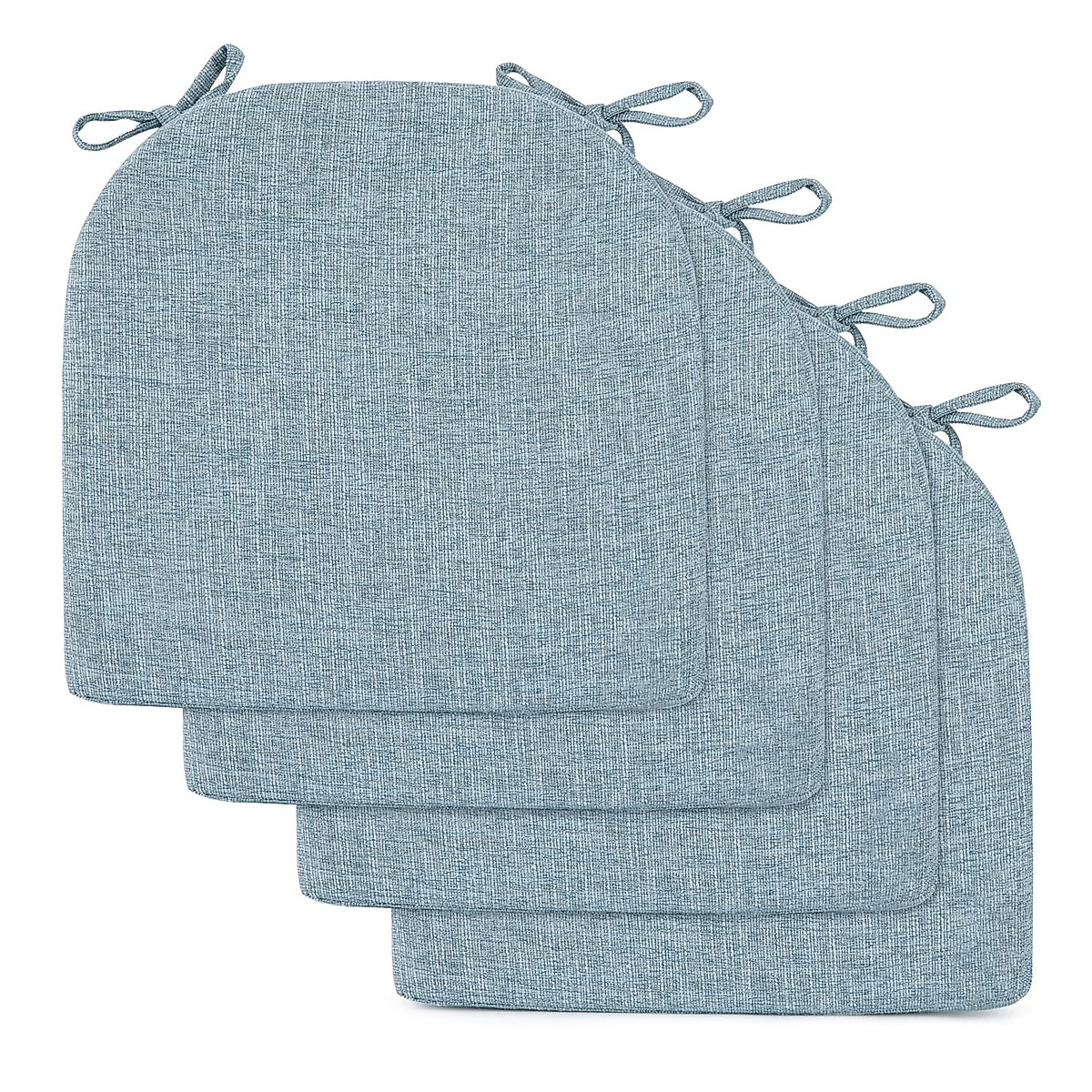 downluxe Indoor Chair Cushions for Dining Chairs, Soft and Comfortable Textured Memory Foam Kitchen Chair Pads with Ties and Non-Slip Backing, 16" x 16" x 2", Light Blue, 4 Pack