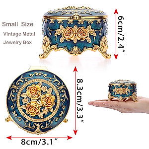 Hipiwe Antique Metal Jewelry Box Ring Earring Treasure Chest Case Small Trinket Box Round Jewelry Display Box Necklace Organizer Wedding Birthday Gift Home Decor, 3x3x2.4 inch