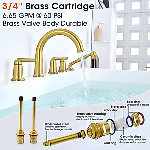 Wintap Roman Tub Faucet with Sprayer, 5 Hole Widespread Deck Mount Bathtub Faucet with Valve Classic High Arch Gooseneck Bath Tub Faucet Set with Diverter High Flow Tub Filler Brushed Gold WT-9809BG