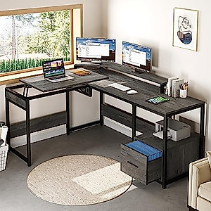 YITAHOME L Shaped Desk with File Drawer, 65" Large Computer Desk Corner Desk with Lift Top, Standing Desk Height Adjustable with Monitor Stand & Storage Shelves for Home Office, Grey