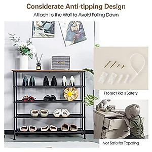 COSTWAY Shoe Rack, 5-Tier Free Standing Shoe Storage Organizer with Wooden Top, 4 Metal Mesh Shelves for 16-20 Pairs Shoes, Adjustable Protecting Feet for Entryway, Hallway, Rustic Brown and Black