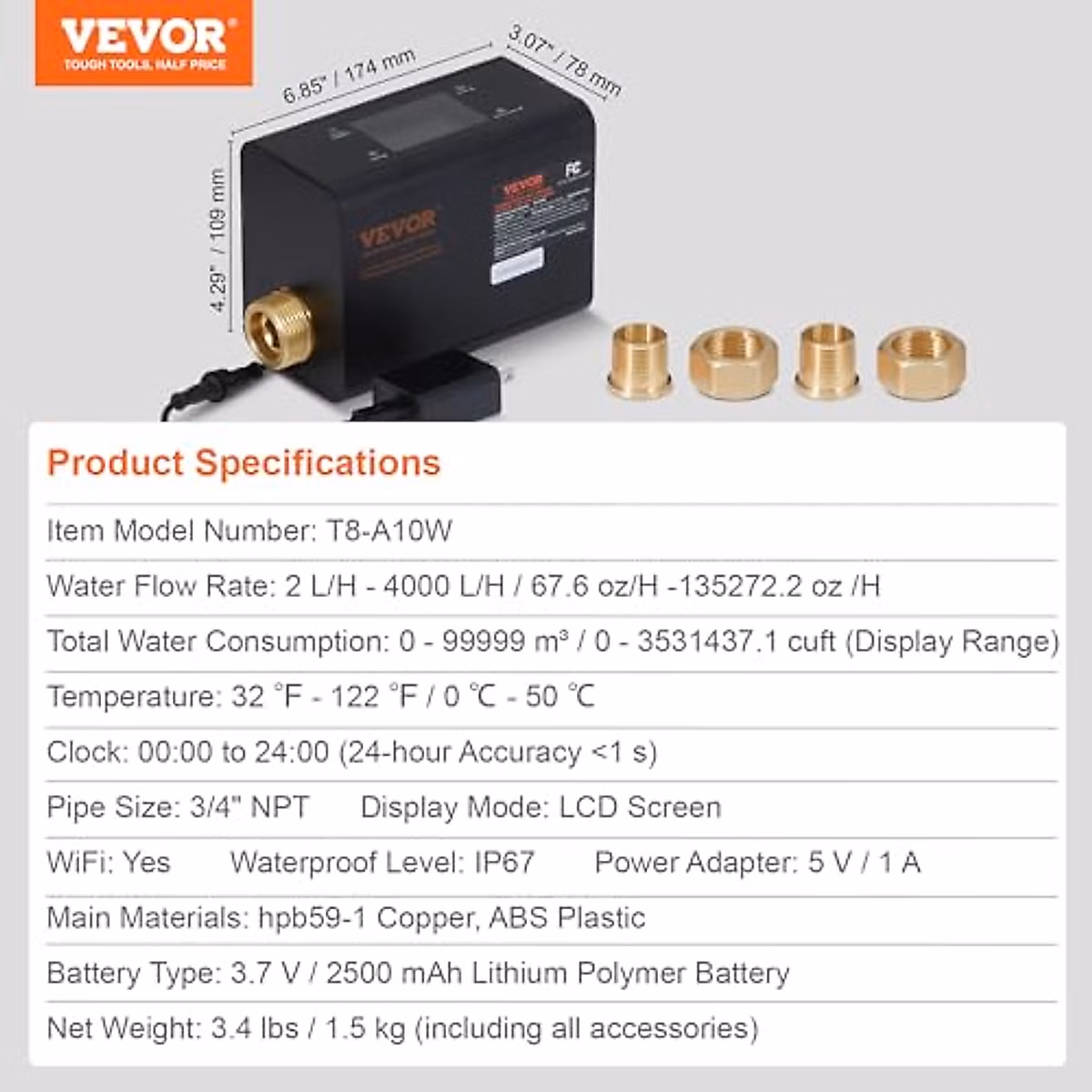 VEVOR WI-FI Smart Water Monitor and Automatic Shutoff Detector, Home Water Leak Detector for 3/4" NPT Diameter Pipe with 2.0-4000 L/H Measure Range, with App Alerts