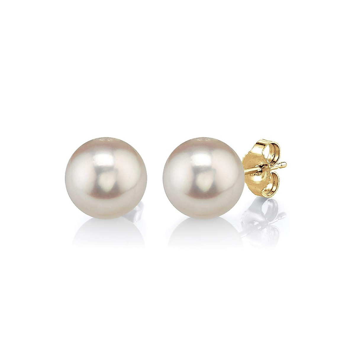 THE PEARL SOURCE 14K Gold 8-9mm Round White Freshwater Cultured Pearl Stud Earrings for Women