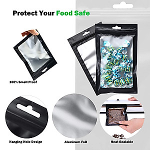 200 PCS 5x8 Mylar Bags with Clear Window Ziplock Packaging Smell Proof Mylar Bags for Food Storage, Packaging Bag for Candy, Cookies and Small Jewelry, Resealable Matte Black Mylar Bags