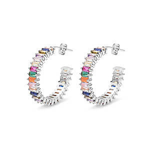 Savlano 14K Gold Plated Cubic Zirconia Multicolor Rainbow Round Hoop Stud Earrings for Women Comes with a Gift Box (White)