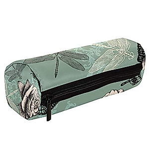 Vintage Rose Butterflies and Dragonflies Pencil Bag Pen Case Stationary Case Pencil Pouch Desk Organizer Makeup Cosmetic Bag for School Office