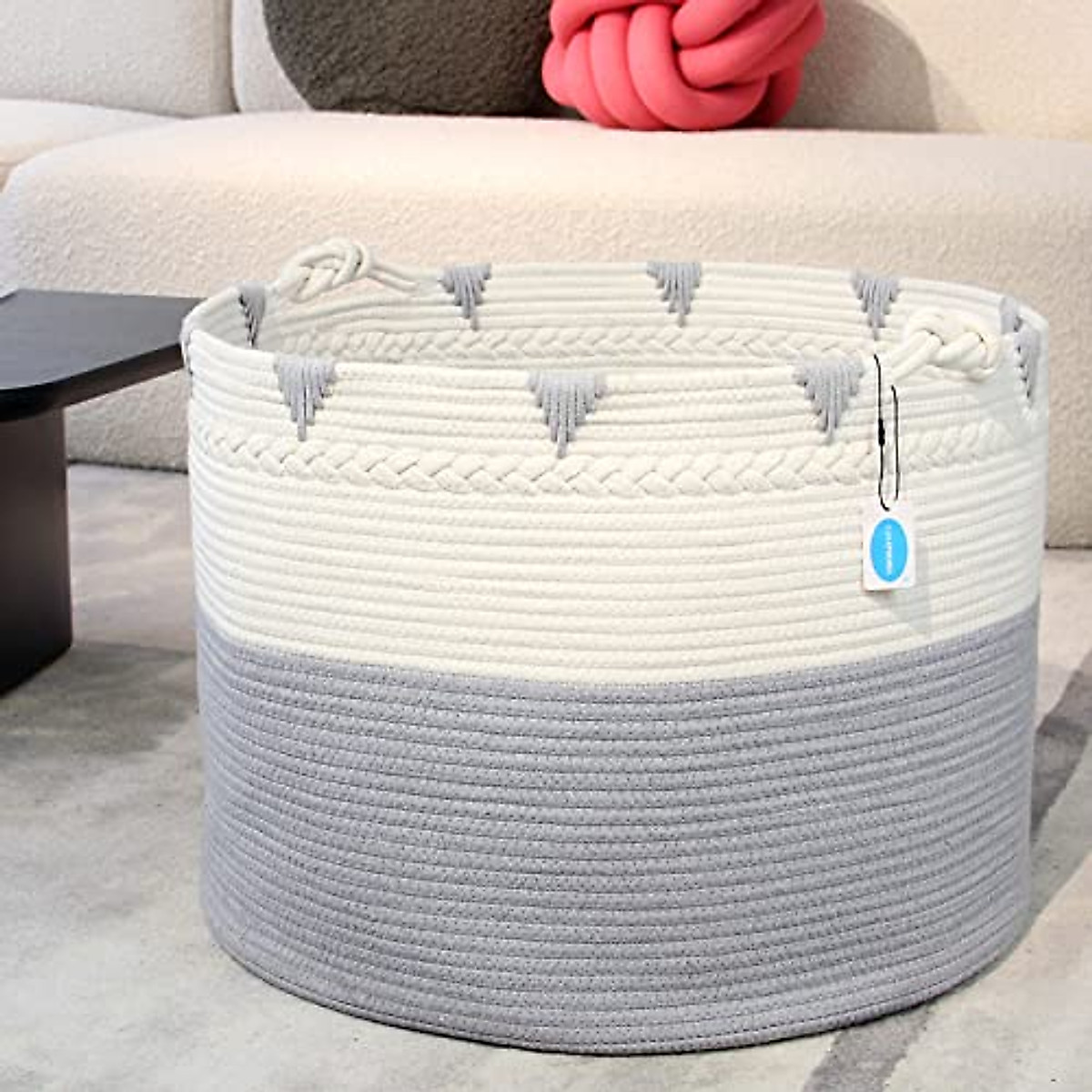 Casaphoria XXXXLarge Cotton Rope Blanket Basket 22in x 22in x 16in Woven Laundry Hamper Laundry Baskets Storage Basket for Towel, Diaper, Laundry Basket（pack of 1）, Gray (MB2021046)