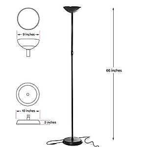 Brightech SkyLite LED Floor lamp, Torchiere Super Bright Floor Lamp for Living Rooms & Offices - 3 Way Dimmable Tall Lamp, High Lumen Standing Pole Lamp for Bedroom Reading - Black