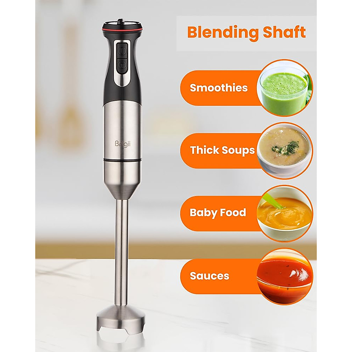 Brigii 800W Hand Blender, Immersion Hand Blender with 5 Mixing Speed, Handheld Blender Set including Blending Shaft, Food Chopper, Egg Whisk, Milk Frother, and Mixing Cup-Black