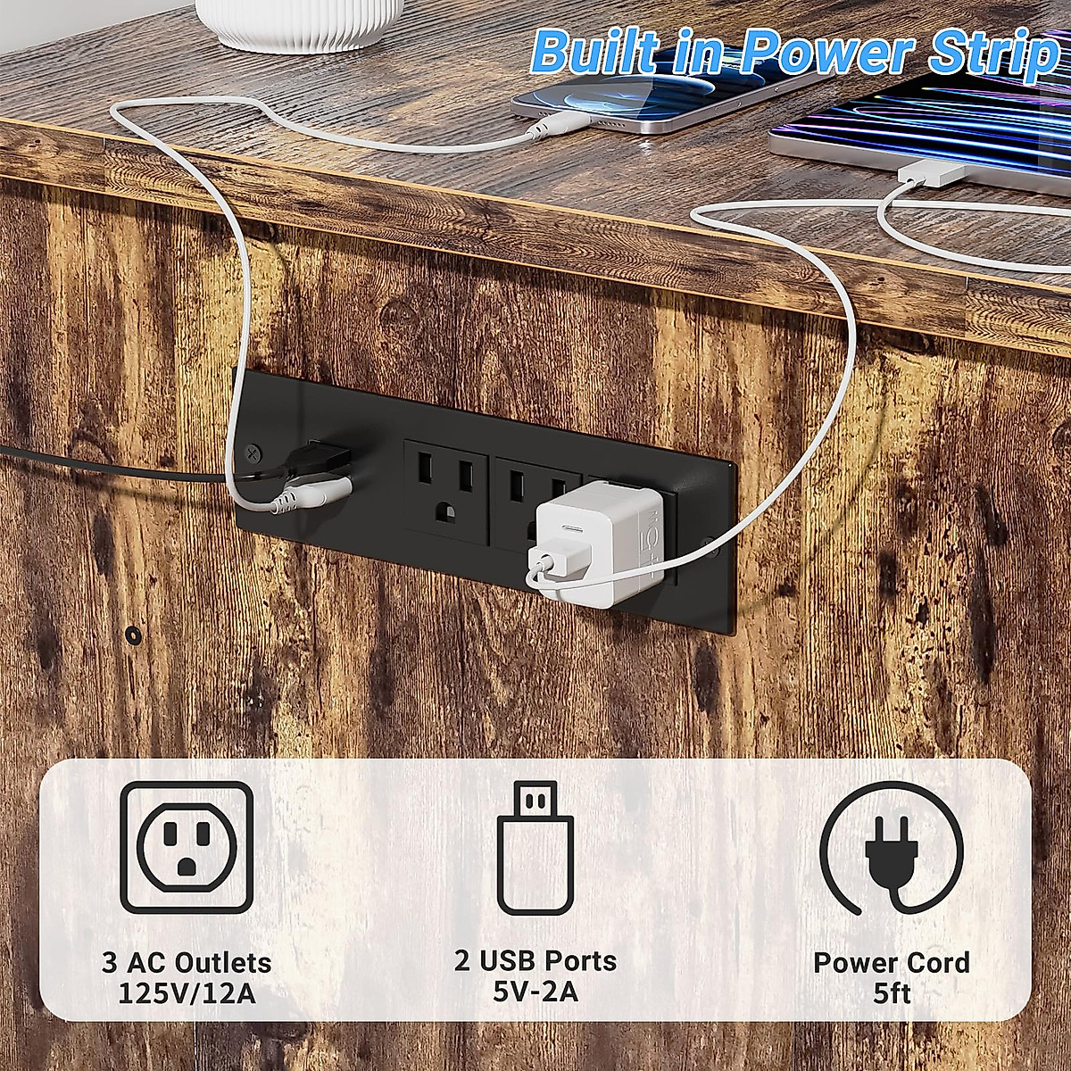 Hyomdeck Office Desk with File Cabinet, 55 Inch Reversible Computer Desk with Smart LED Light and Power Outlet, Sturdy Gaming Desk with Keyboard Tray & Storage Drawers, Easy to Assemble, Rustic Brown