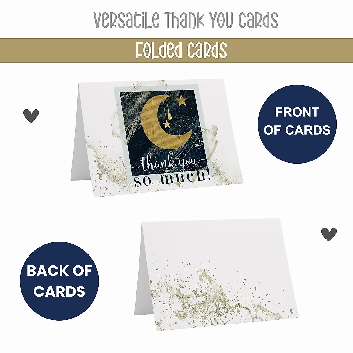 Paper Clever Party Star and Moon Thank You Cards with Envelopes - 25 Pack - Cosmic Design for All Occasions: Showers, Weddings, Graduations & Everyday Essentials - Folded Navy and Gold Set