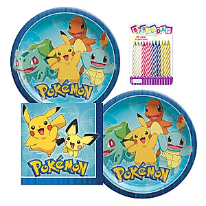Pokémon Party Supplies Pack Serves 16: Dinner Plates and Luncheon Napkins with Birthday Candles (Bundle for 16)