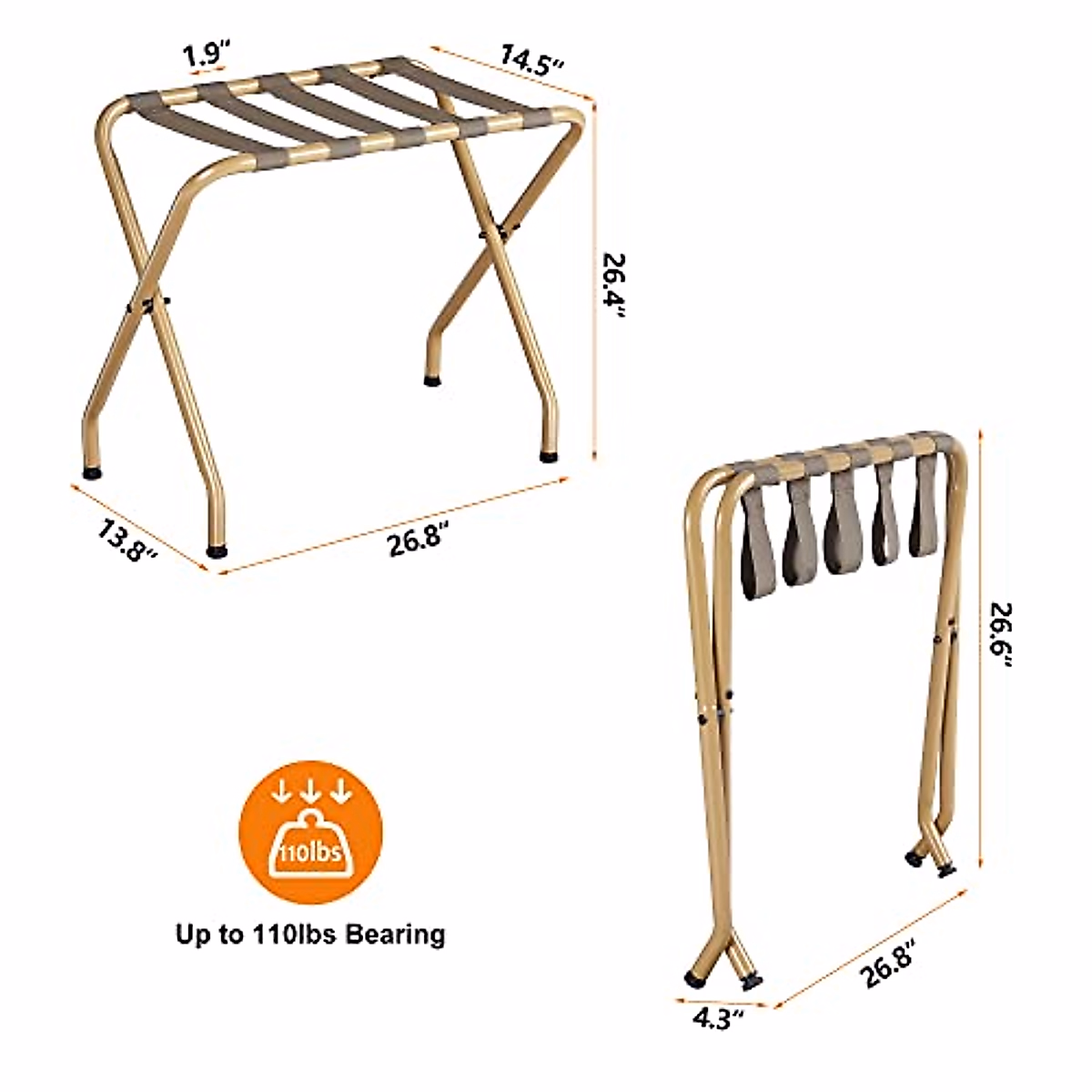 ELYKEN 2 Pack Folding Luggage Rack for Guest Room, Easily Assemble Metal Suitcase Stand, Foldable Space Saving Hotel Storage Rack,Heavy Duty Max 110LBS Loading Bearing Luggage Holder, Gold
