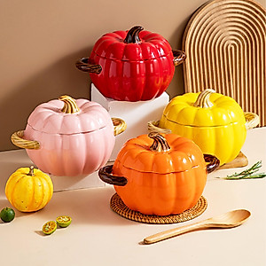 Dutch Oven Pot with Lid, Pumpkin Pottery Dessert Saucepan, Mini Baking Dish Cute Pumpkin Bowl, Covered Dutch Oven Ceramic Stockpot, Pumpkin-Shaped Casserole (Orange)